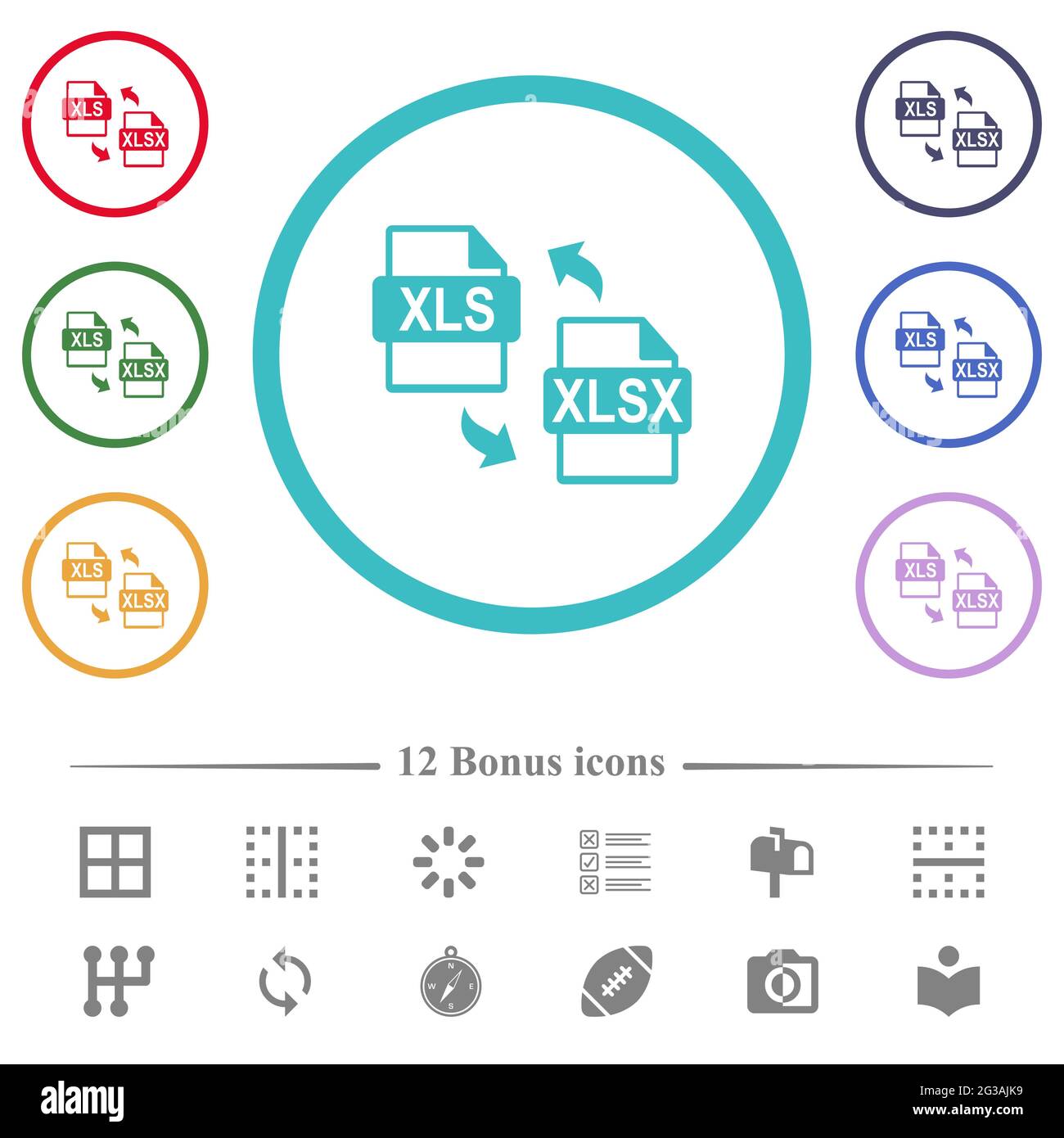 XLS XLSX file conversion flat color icons in circle shape outlines. 12 ...