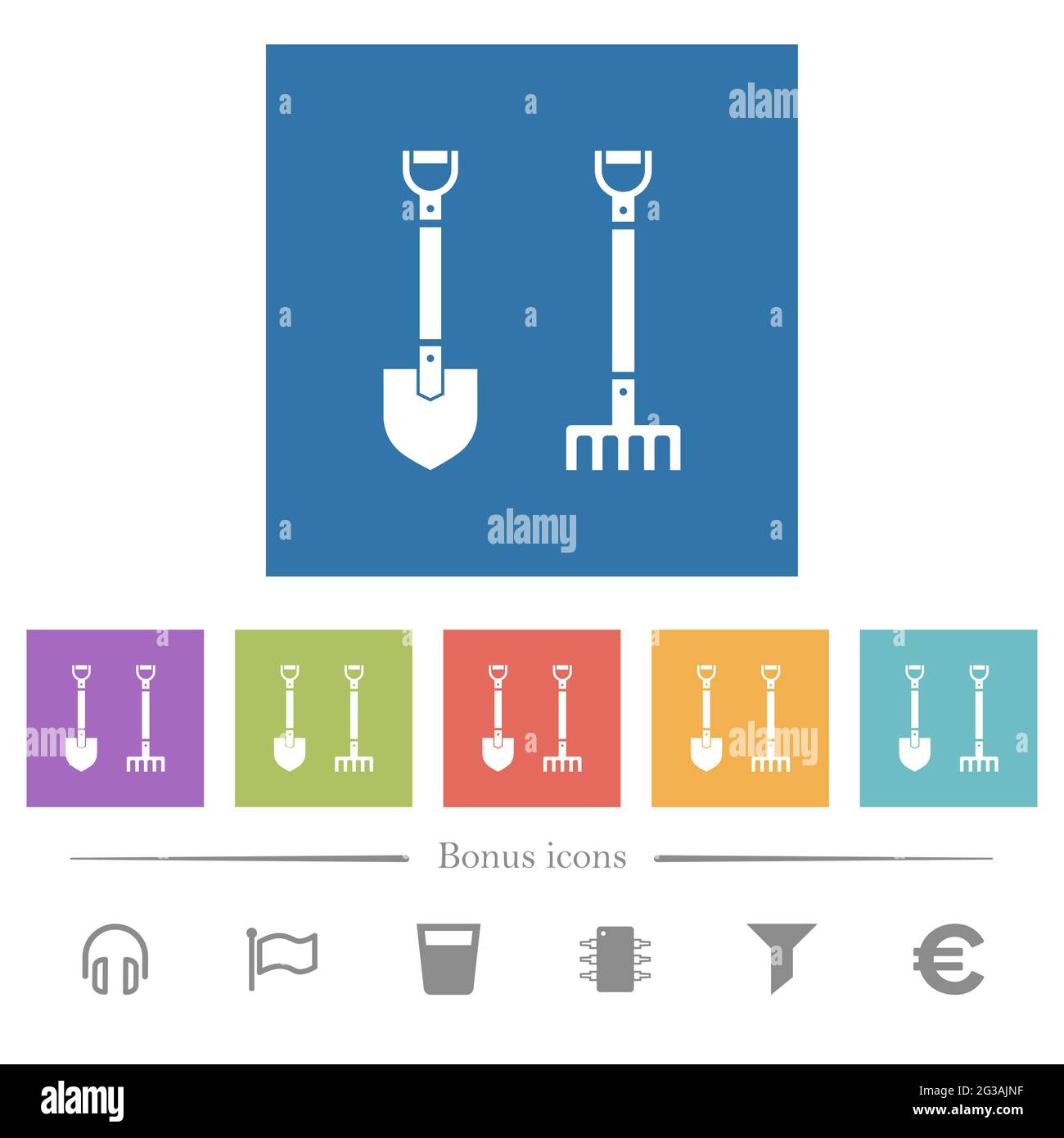 Shovel and rake flat white icons in square backgrounds. 6 bonus icons ...