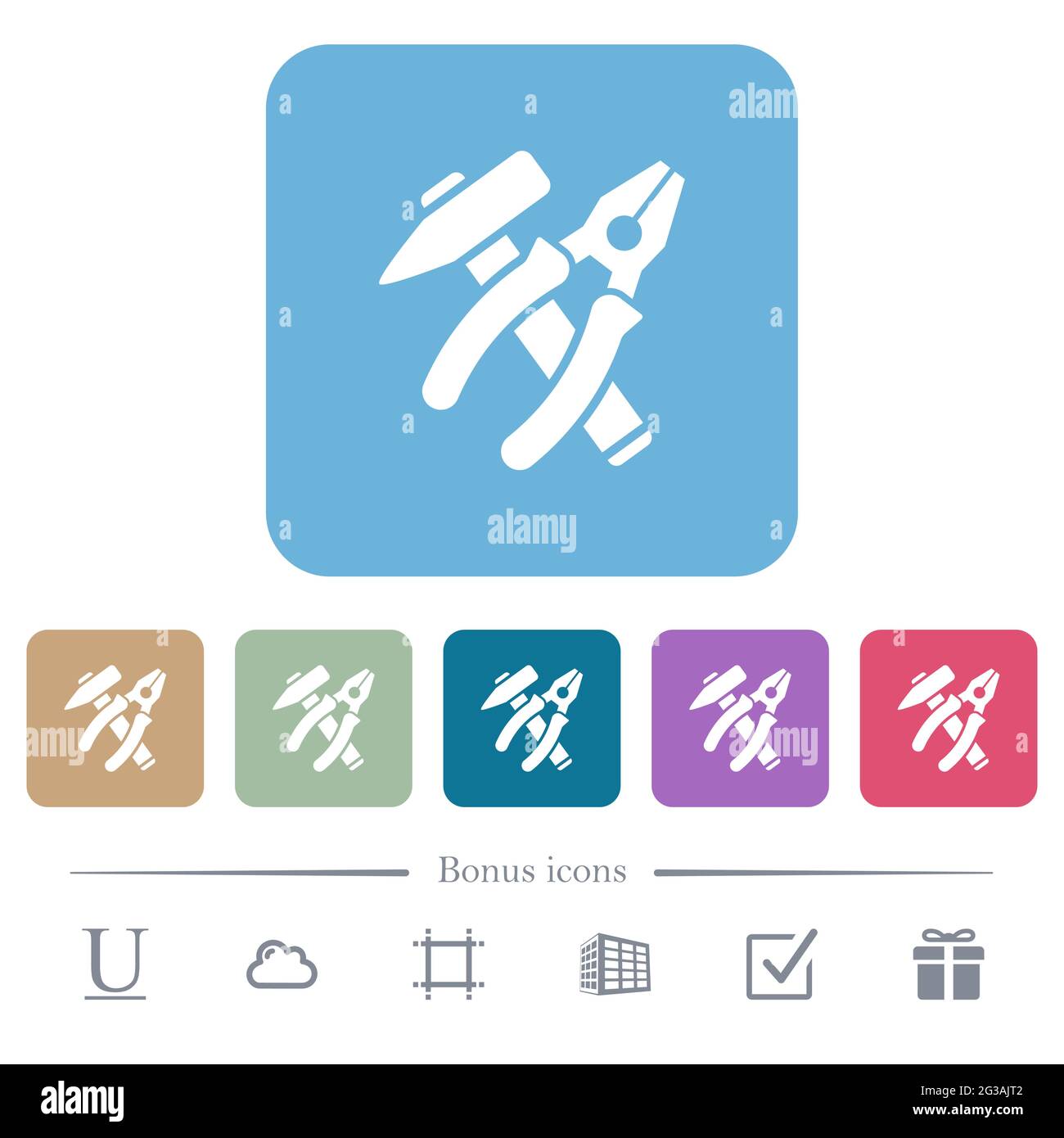 Hammer and combined pliers in crossed position white flat icons on ...