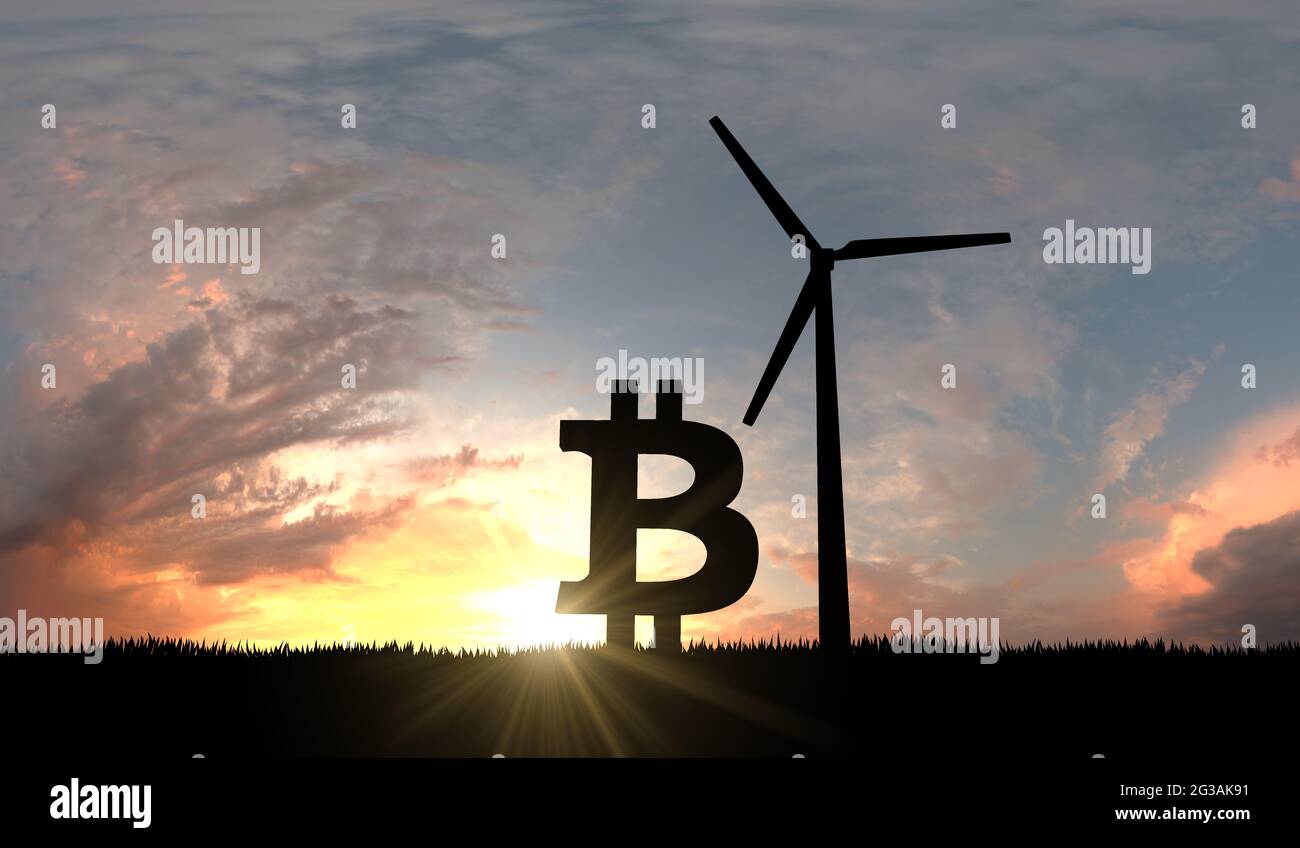 Bitcoin cryptocurrency logo silhouette with sustainable wind turbines ...