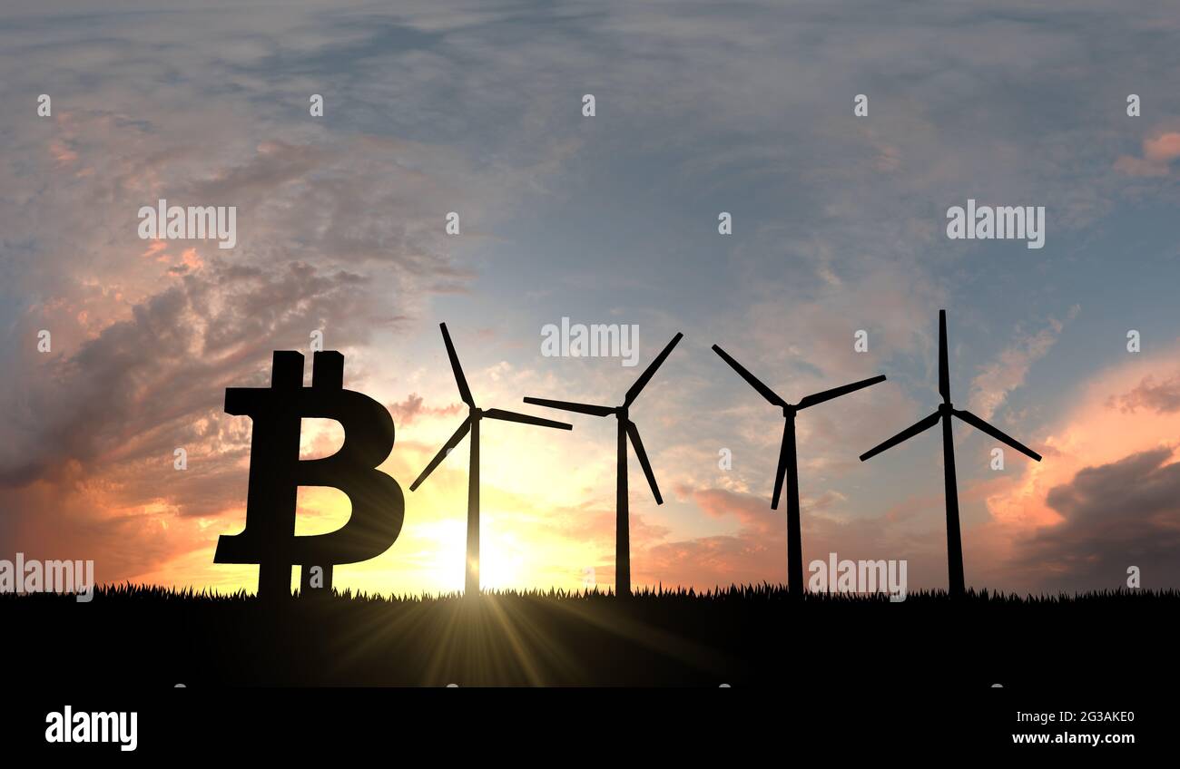 Bitcoin cryptocurrency logo silhouette with sustainable wind turbines ...