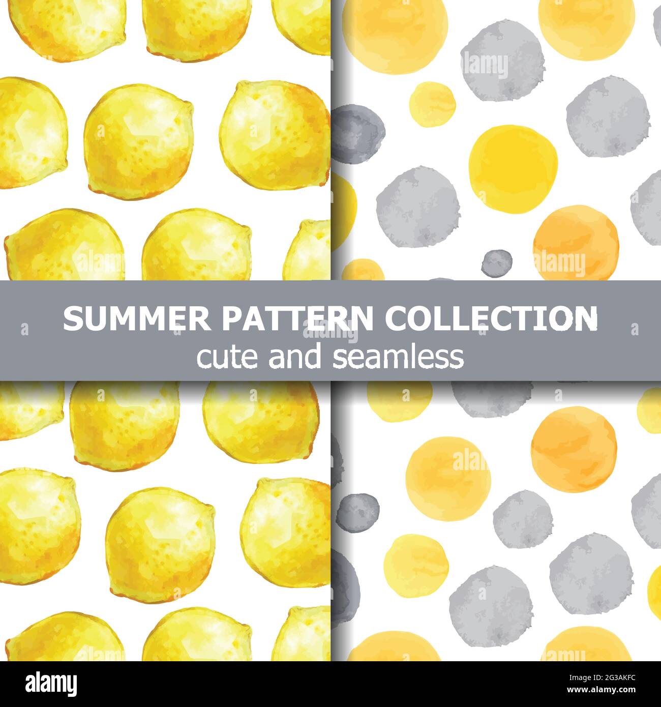Summer pattern collection with watercolor lemons and dots. Summer ...