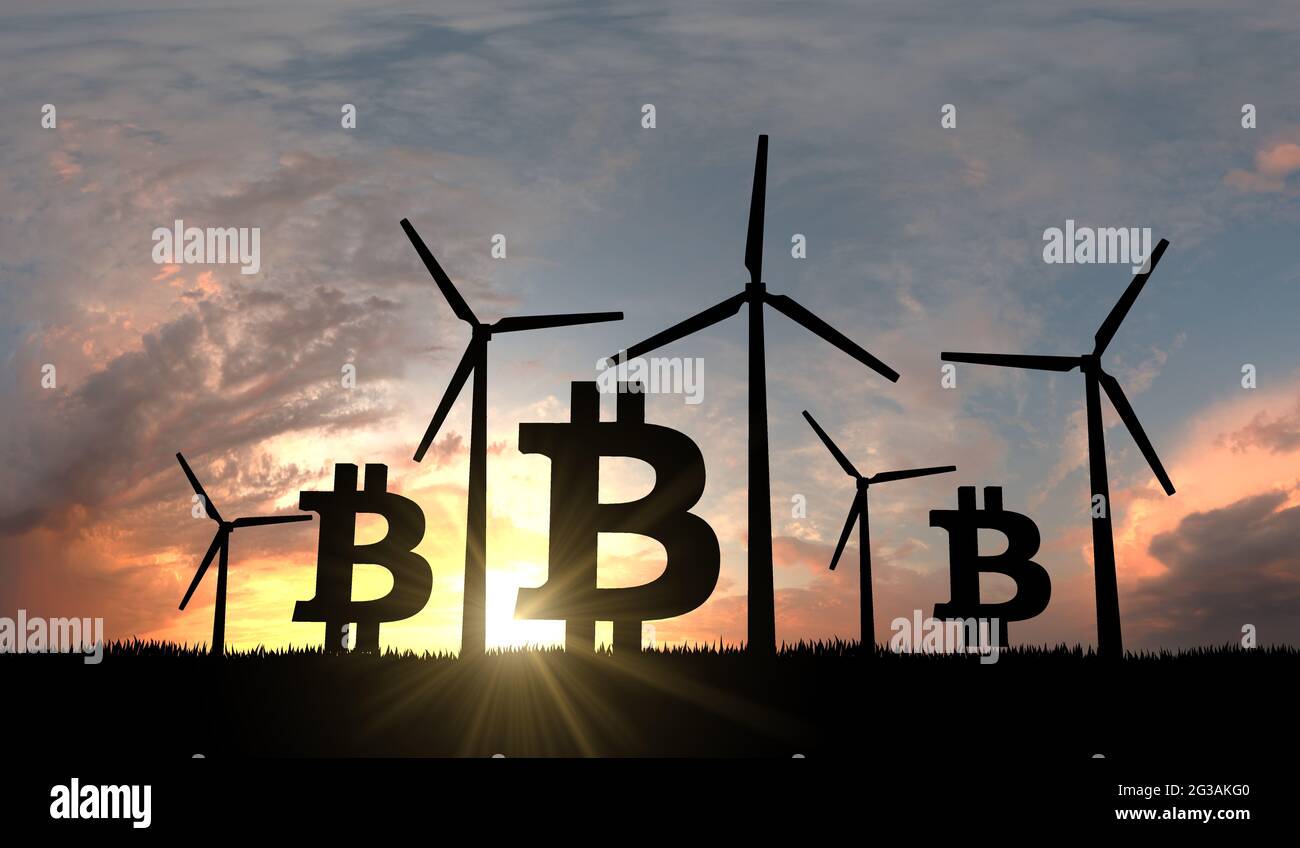 Bitcoin cryptocurrency logo silhouette with sustainable wind turbines ...