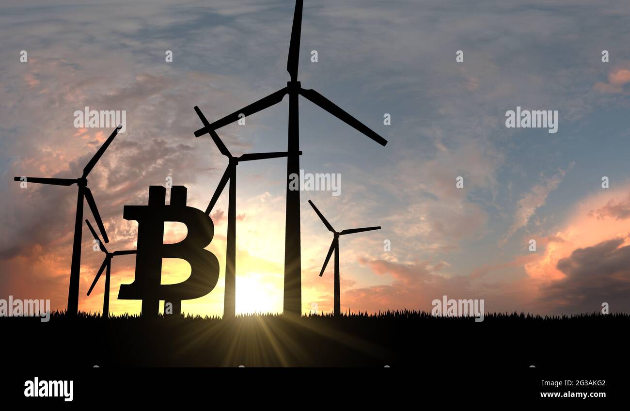 Bitcoin cryptocurrency logo silhouette with sustainable wind turbines ...