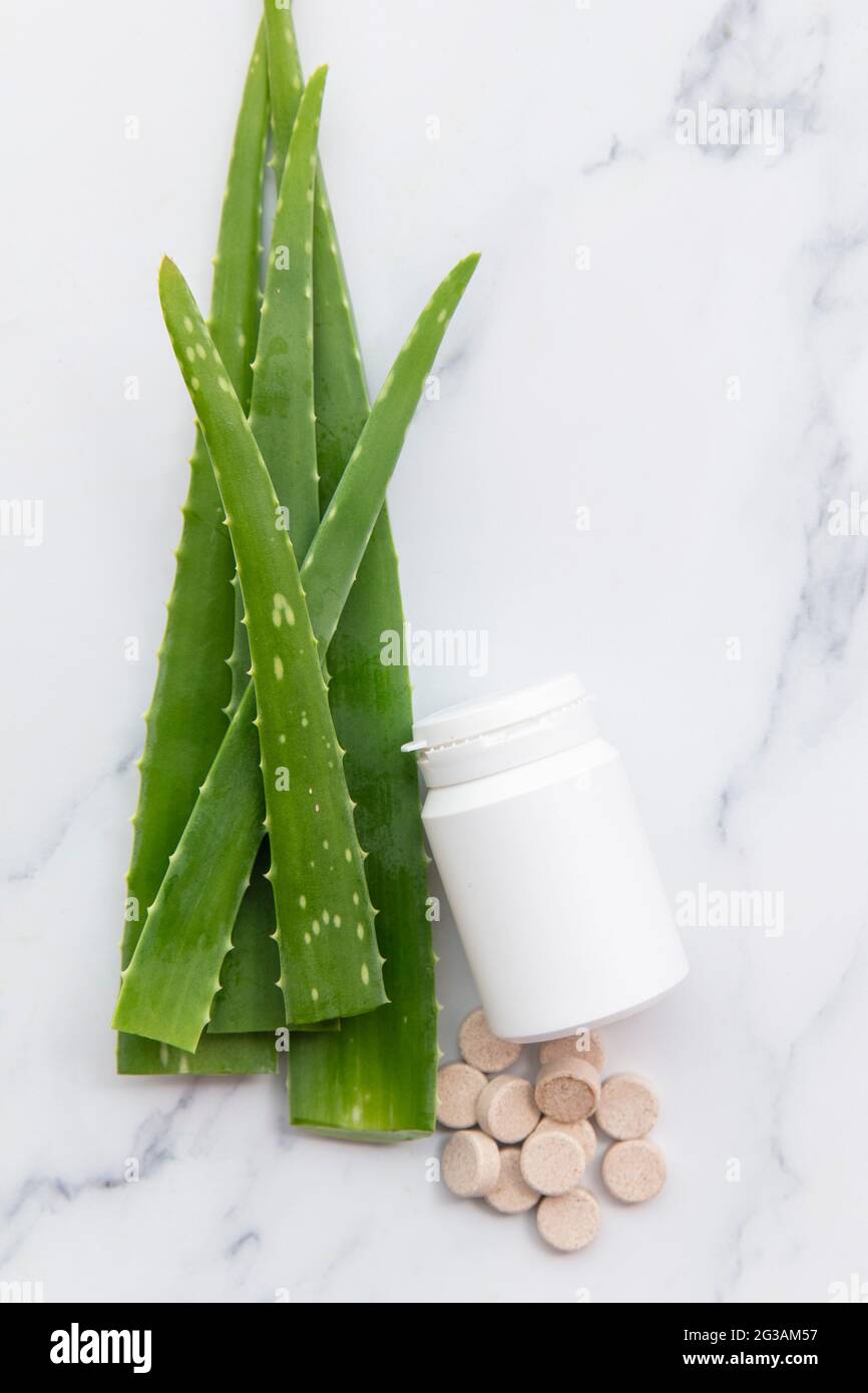 Aloe vera natural tablets. Freshly cut leaves with a pill bottle and ...
