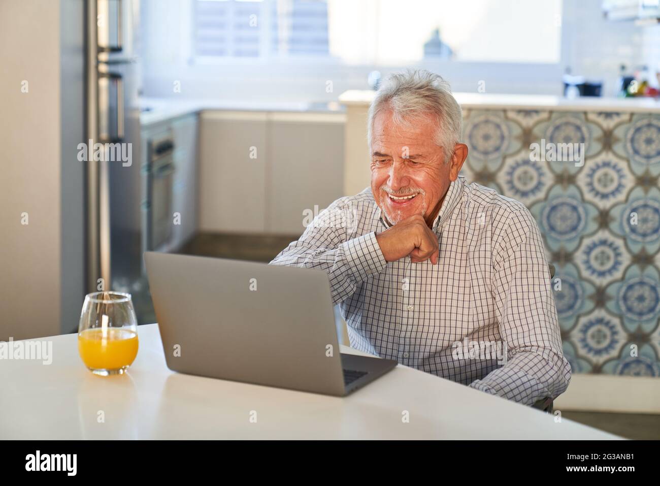 Happy senior at laptop computer enjoying family birthday video call ...