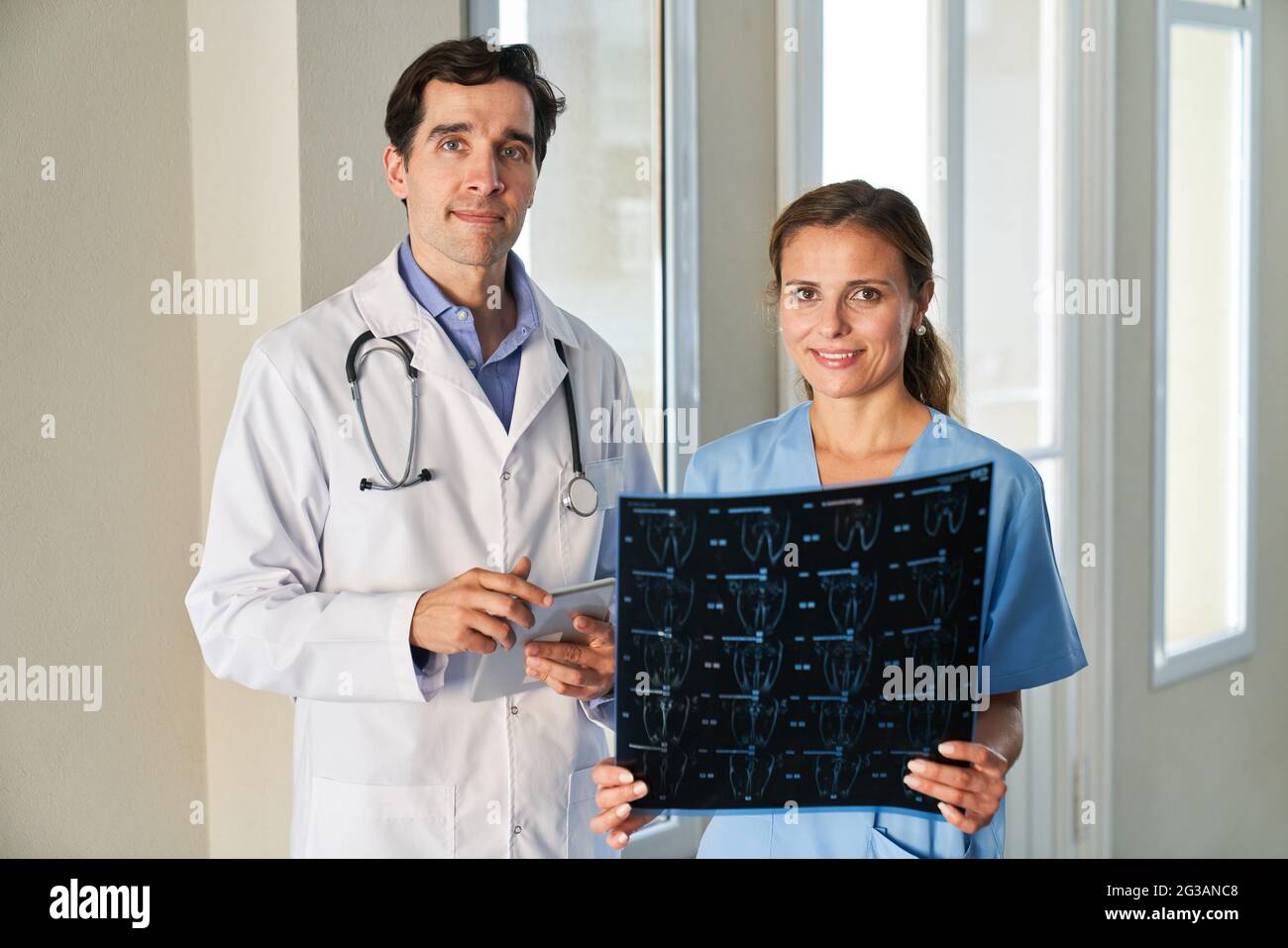 Medical team of the radiology with an MRI scan in a hospital or a rehab ...