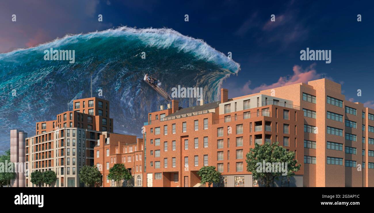 3D illustration tsunami wave apocalyptic water view urban flood Storm ...