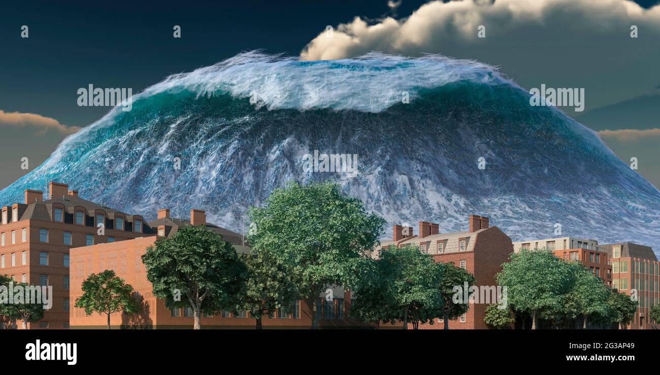 3D illustration tsunami wave apocalyptic water view urban flood Storm ...