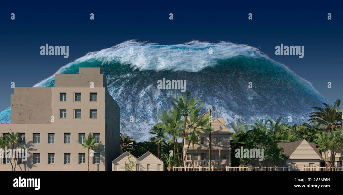 3D illustration tsunami wave apocalyptic water view urban flood Storm ...