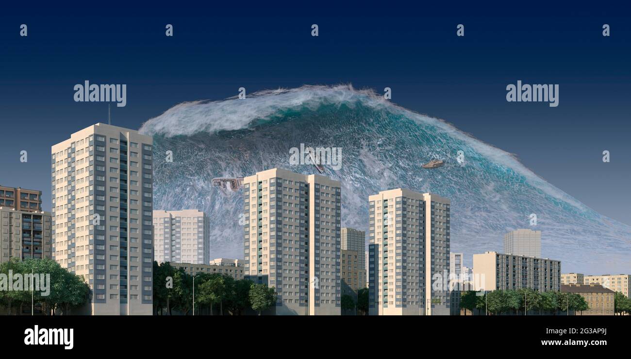 3D illustration tsunami wave apocalyptic water view urban flood Storm ...