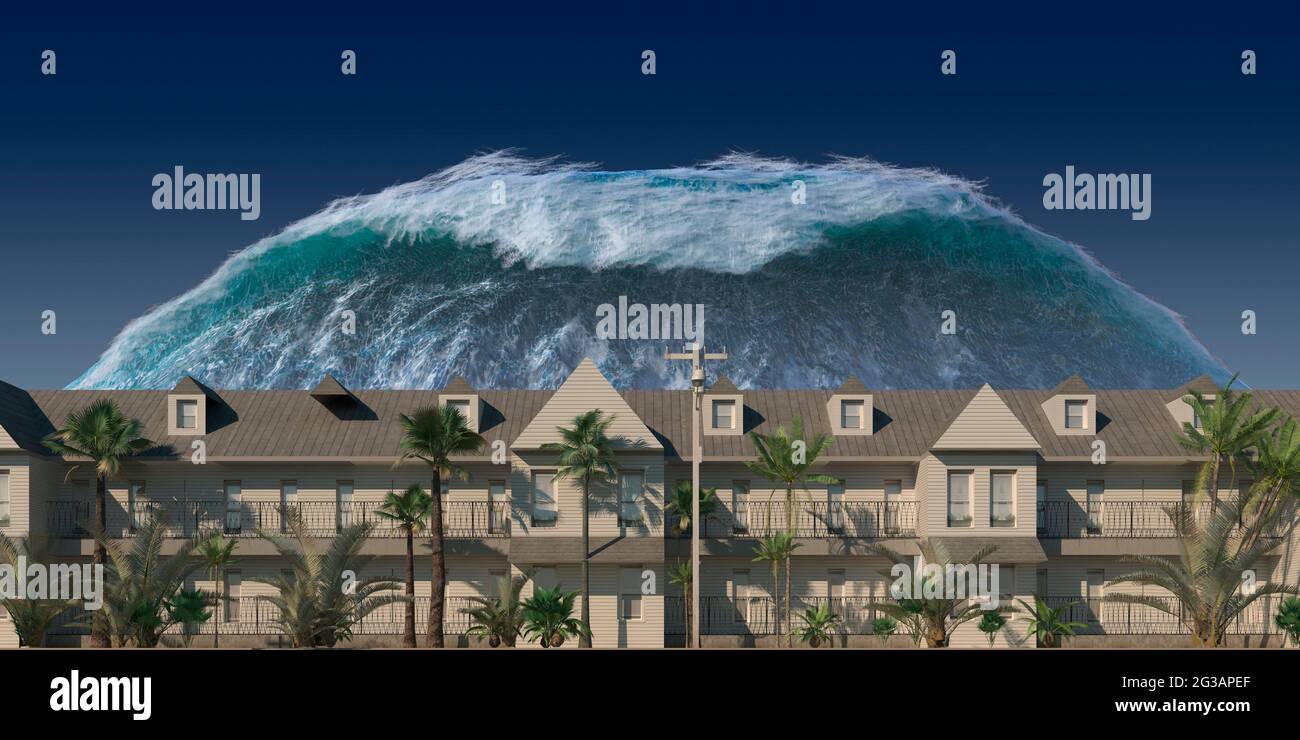 3D illustration tsunami wave apocalyptic water view urban flood Storm ...