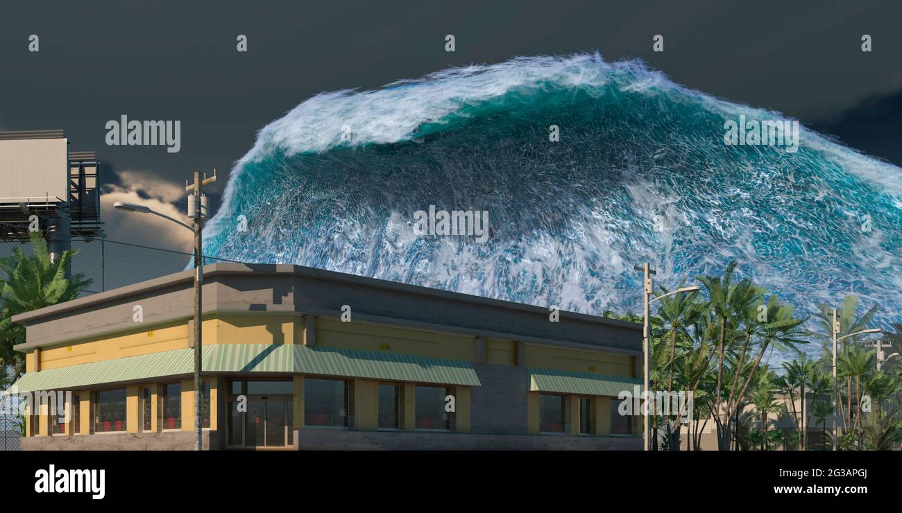 3D illustration tsunami wave apocalyptic water view urban flood Storm ...