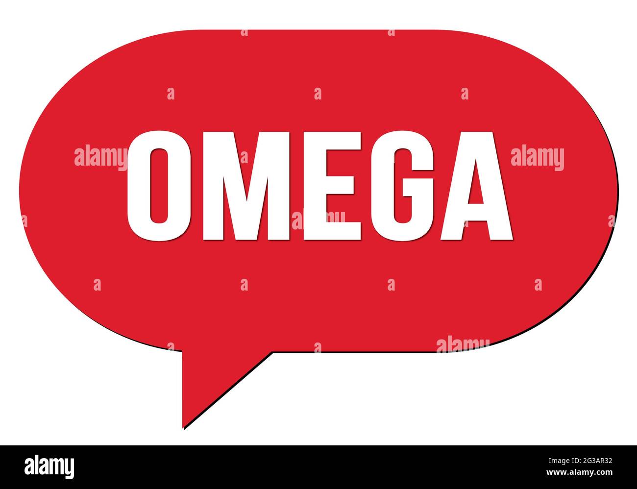 OMEGA text written in a red speech bubble stamp Stock Photo - Alamy
