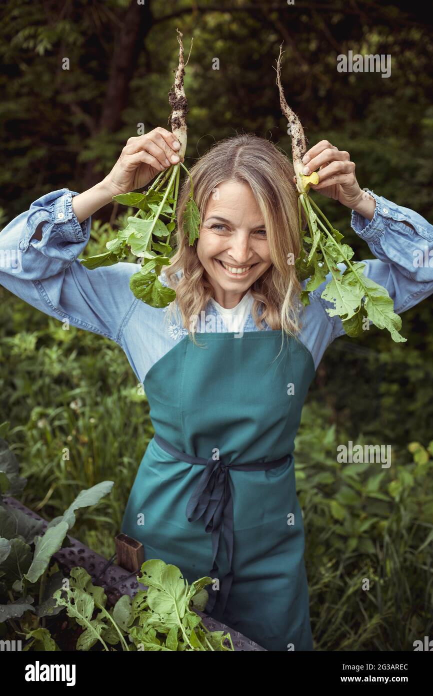young blonde pretty woman with blue shirt and green apron harvesting ...