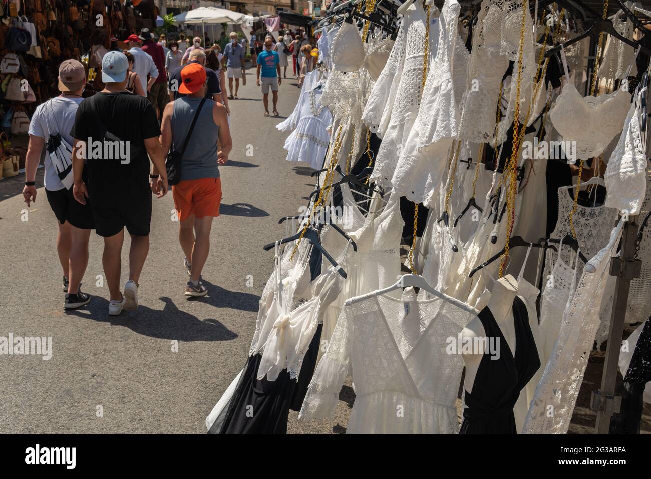 Campos, Spain; june 12 2021: Ibizan style linen stall at the weekly ...