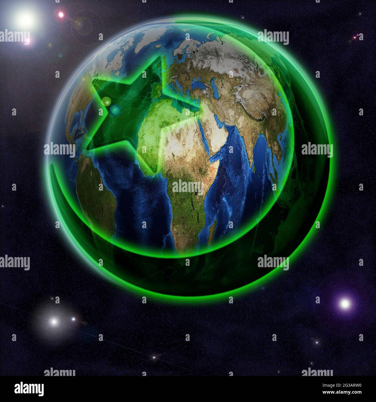 The Islamization of the world. Globe with the symbol of Islam on the ...