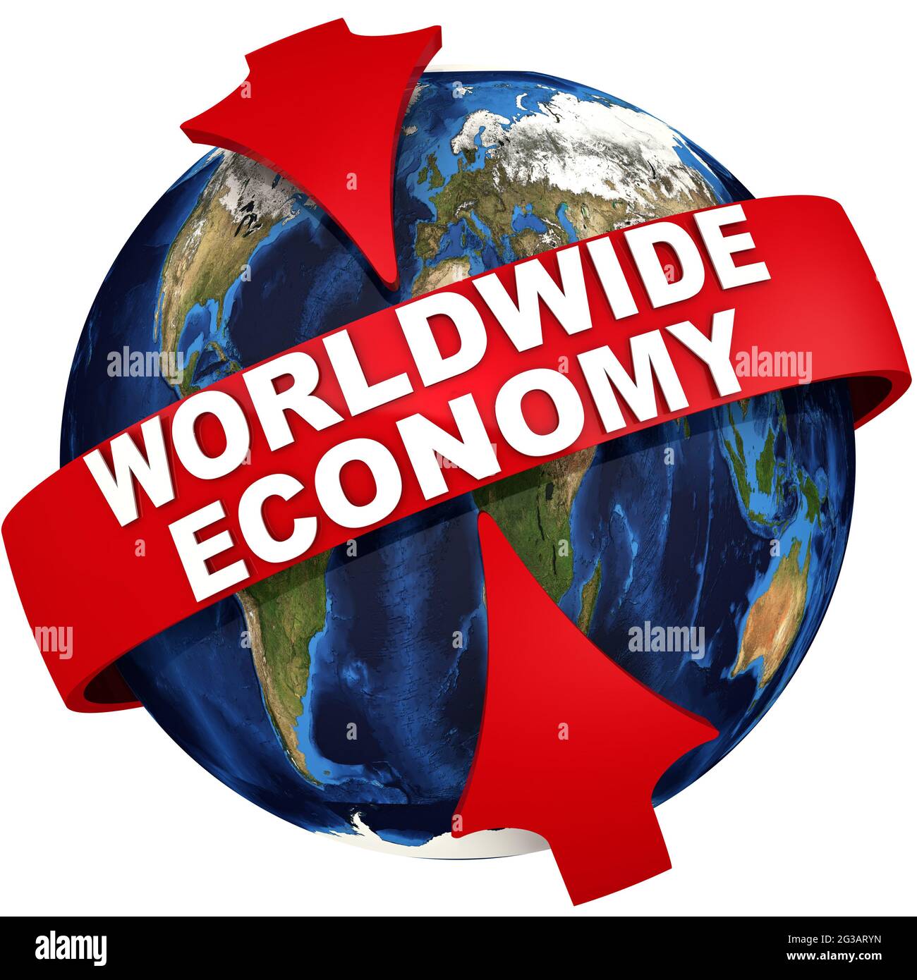 Worldwide economy. Red arrows emphasize the white text WORLDWIDE ...