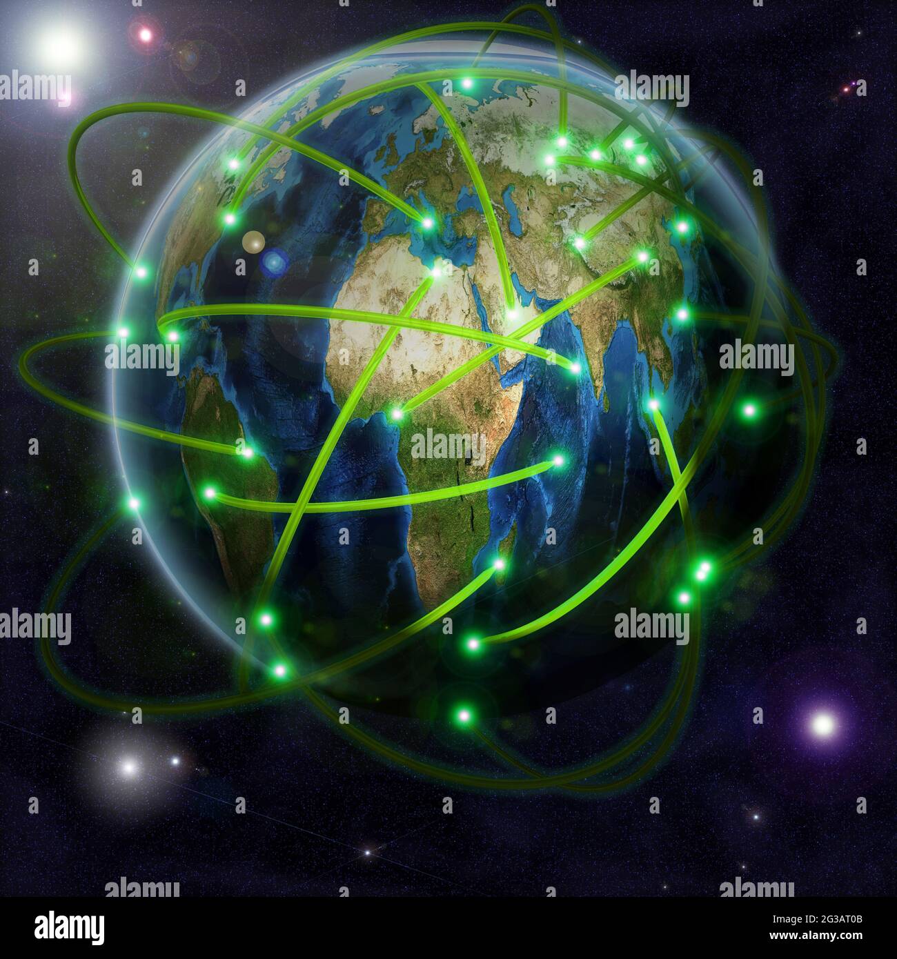 Earth. Space landscape with communication paths. Globe with green ...
