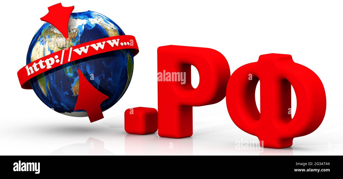 Russian domain .RU. The domain name ".RU" in red color and globe with ...