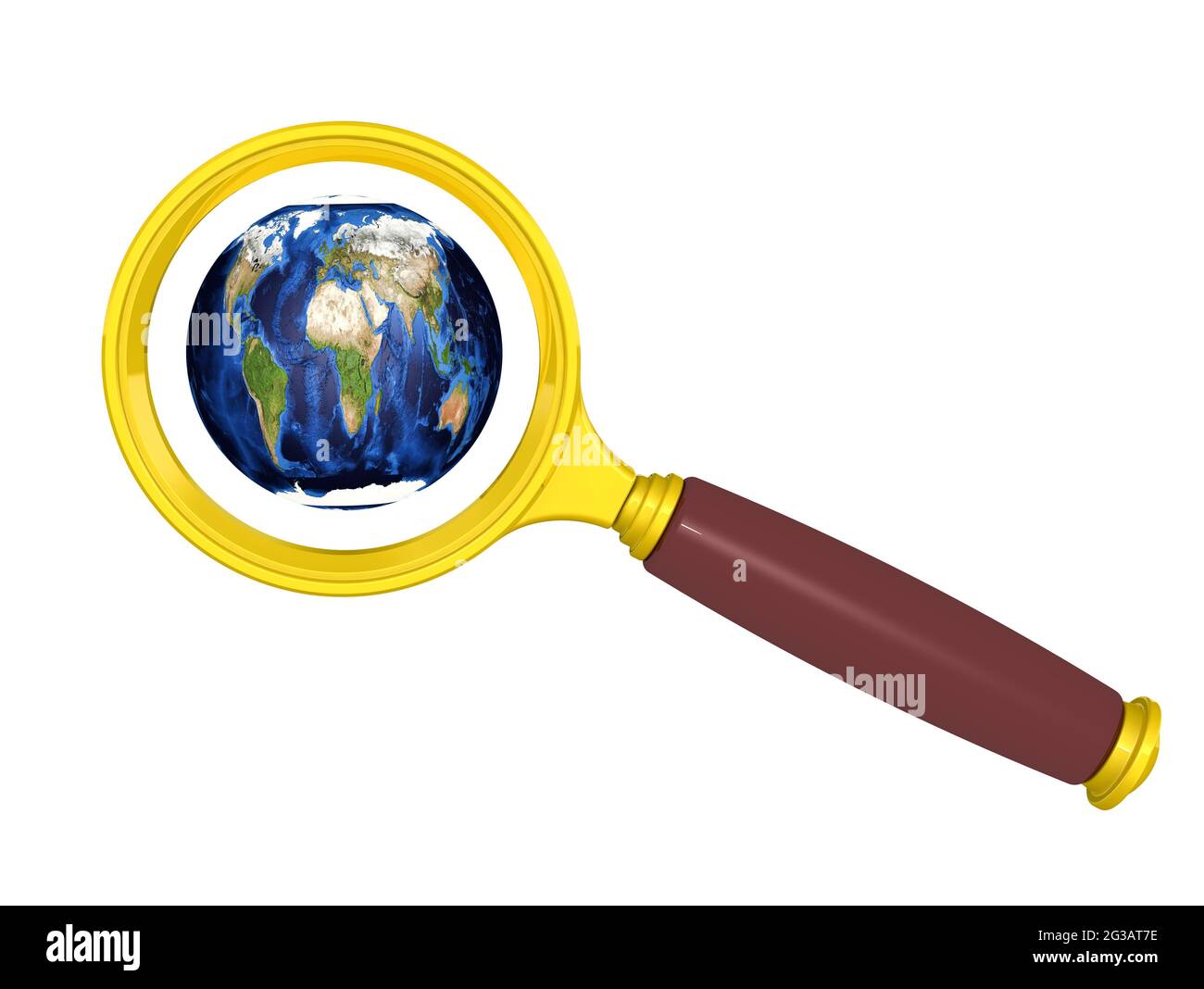 Globe in a magnifying glass. Globe examined with a magnifying glass. 3D ...