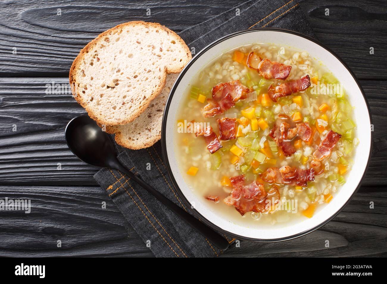 Bundner Gerstensuppe Graubunden Barley Soup close up in the plate on ...