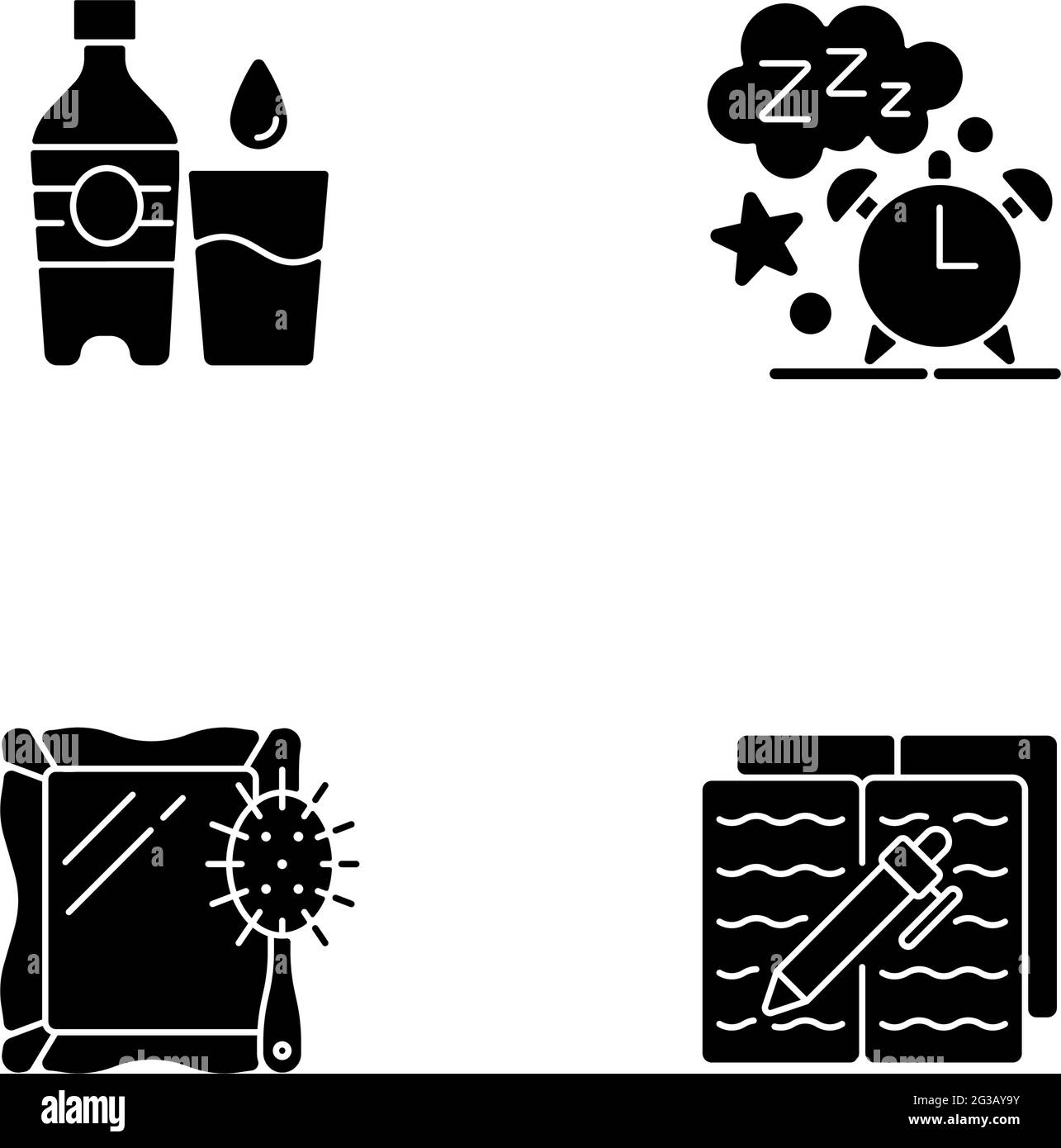 Daily schedule and routine black glyph icons set on white space Stock ...