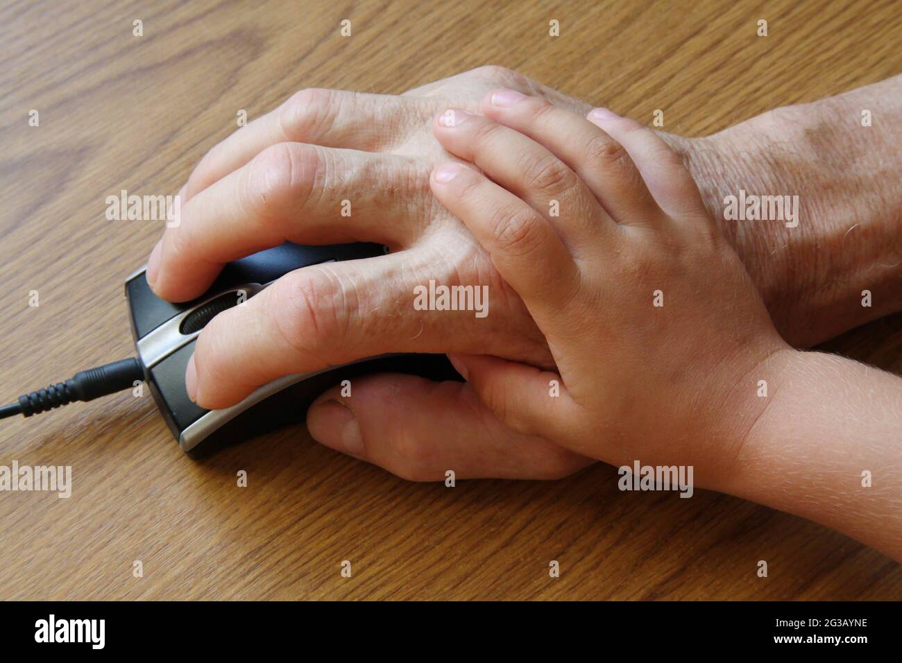 Grandson is teaching his grandfather how to use the computer mouse ...