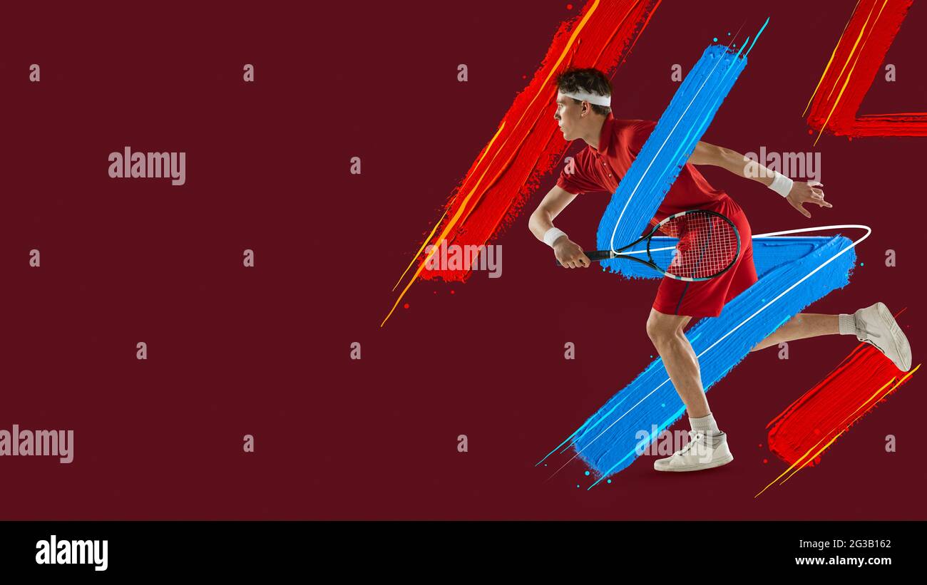 Portarit of Caucasian man, professional tennis player isolated on dark ...