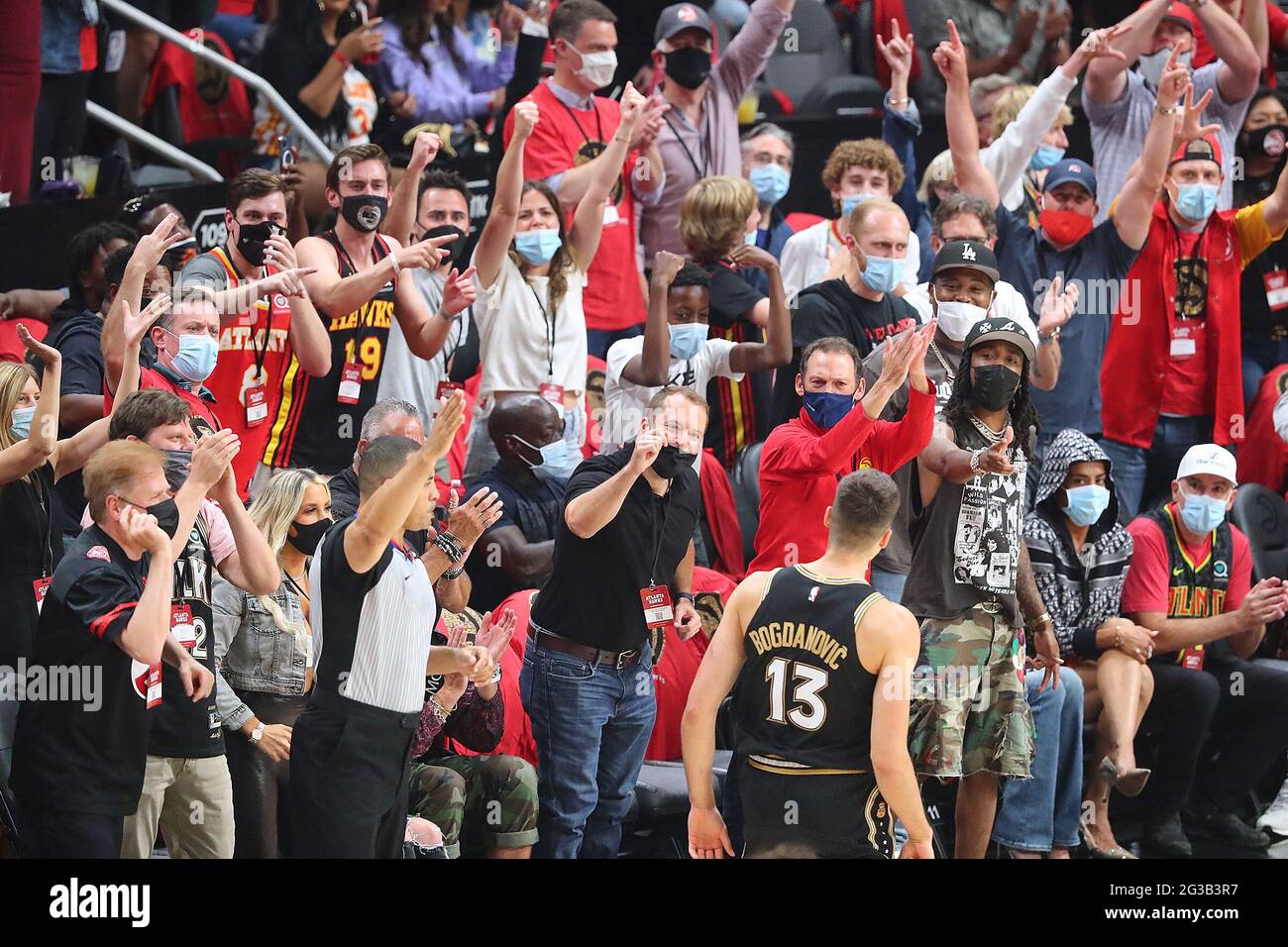 Atlanta, USA. 14th June, 2021. Atlanta Hawks fans react as Bogan ...