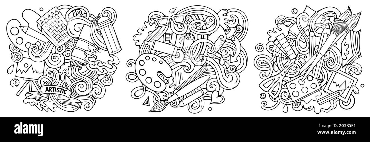 Art cartoon vector doodle designs set. Sketchy detailed compositions ...