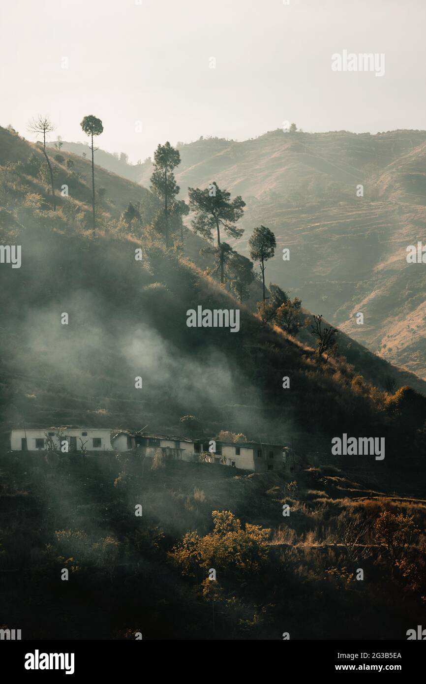 Evening sun rays falling onto the terrace farms in mountains Stock ...