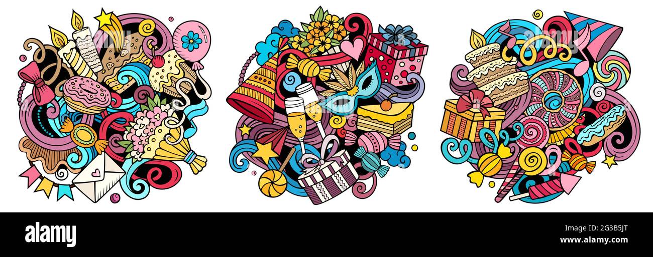 Birthday cartoon vector doodle designs set. Colorful detailed ...