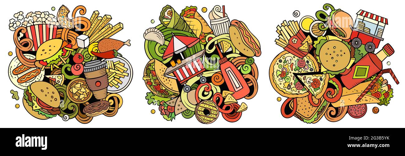 Fast food set doodle illustration pizza burger cola hi-res stock ...