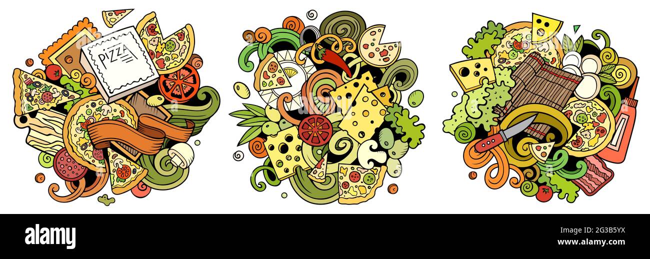 Pizza cartoon vector doodle designs set. Colorful detailed compositions ...