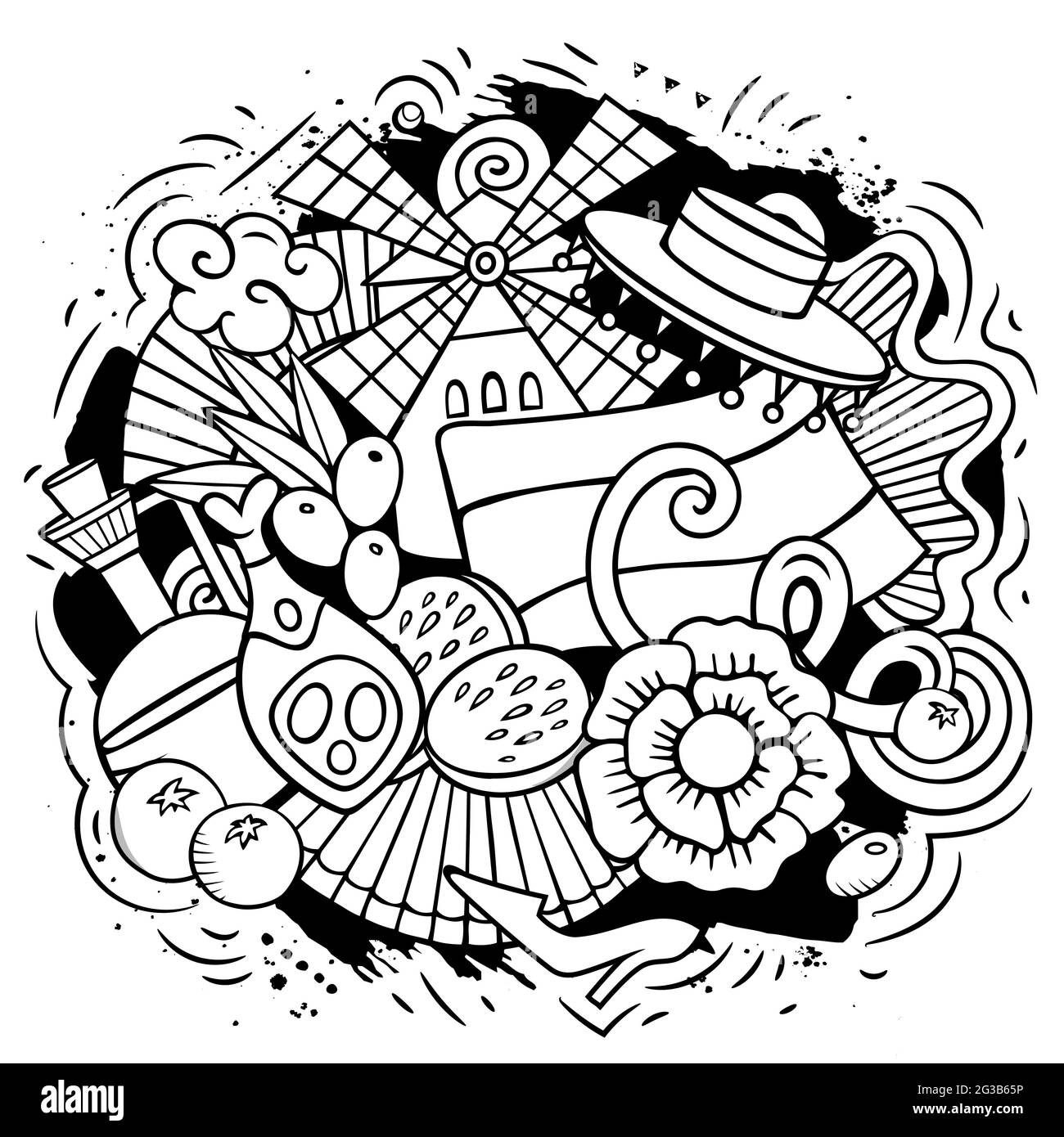 Spain hand drawn cartoon doodle illustration. Funny Spanish elements ...