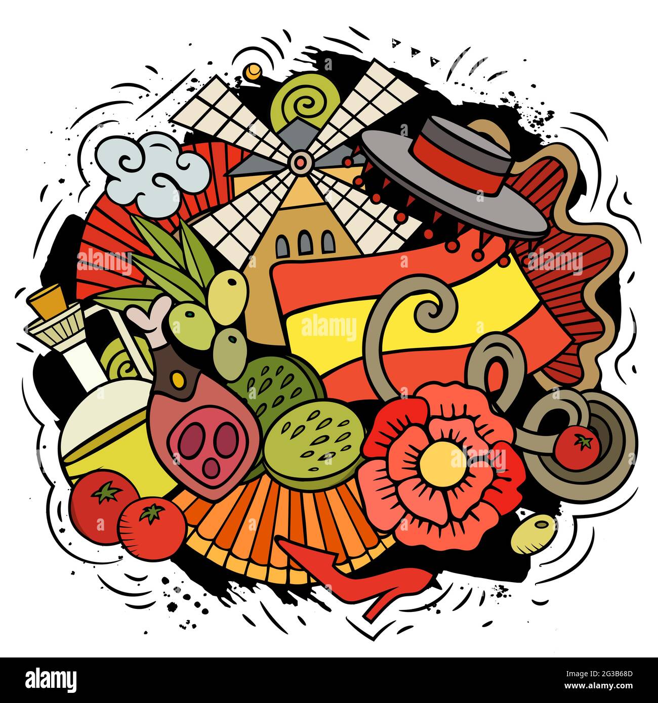 Spain hand drawn cartoon doodle illustration. Funny Spanish elements ...