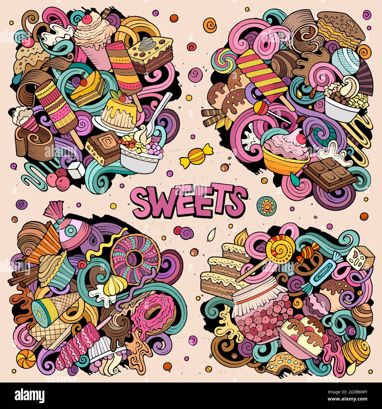 Sweet food cartoon vector doodle designs set. Colorful detailed ...