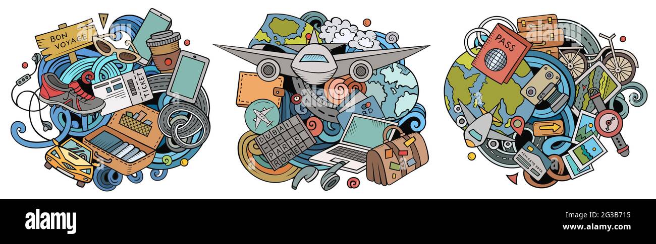 Traveling cartoon vector doodle designs set. Colorful detailed ...