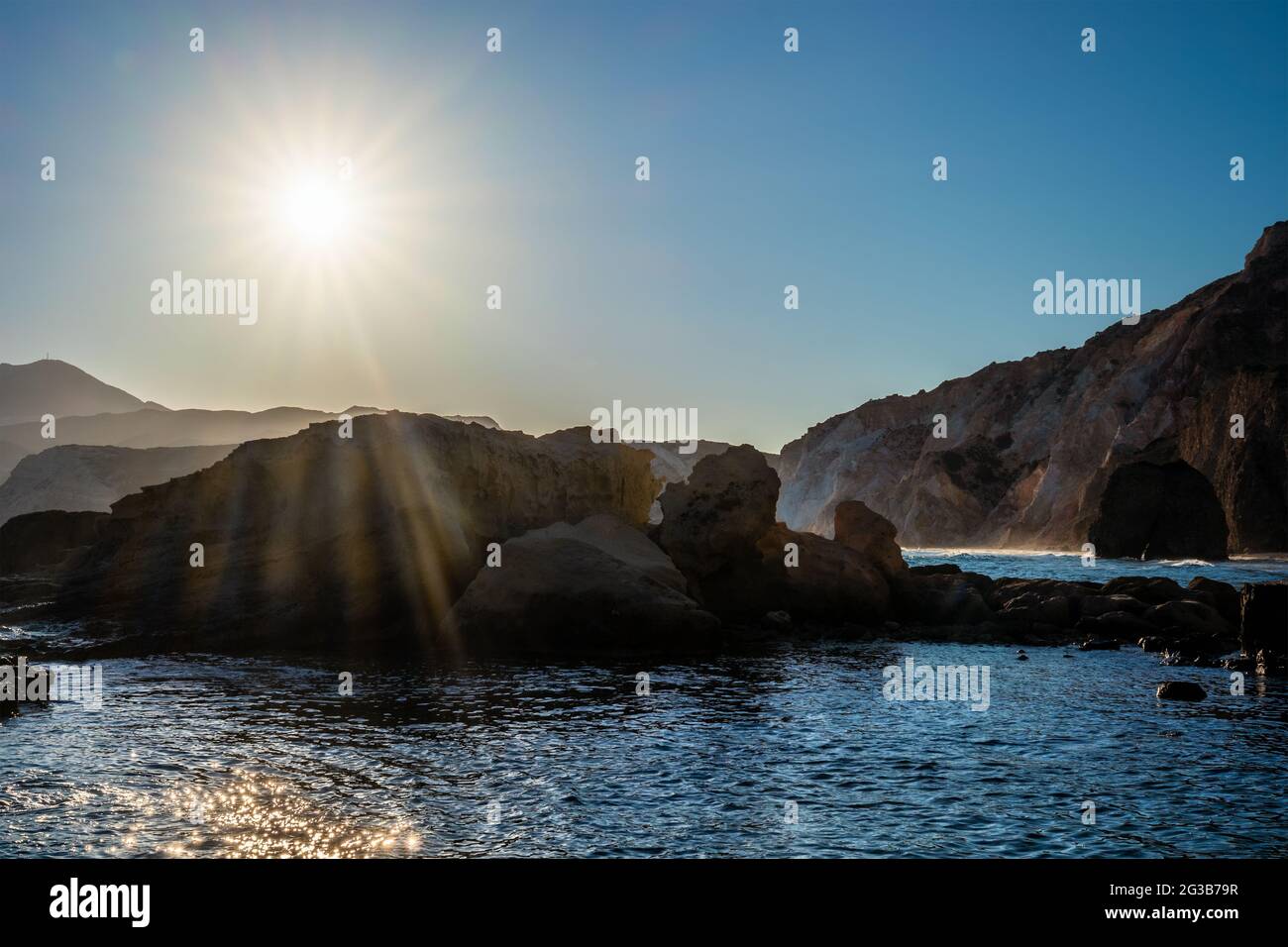 Fyriplaka beach on sunset, Milos island, Cyclades, Greece Stock Photo ...