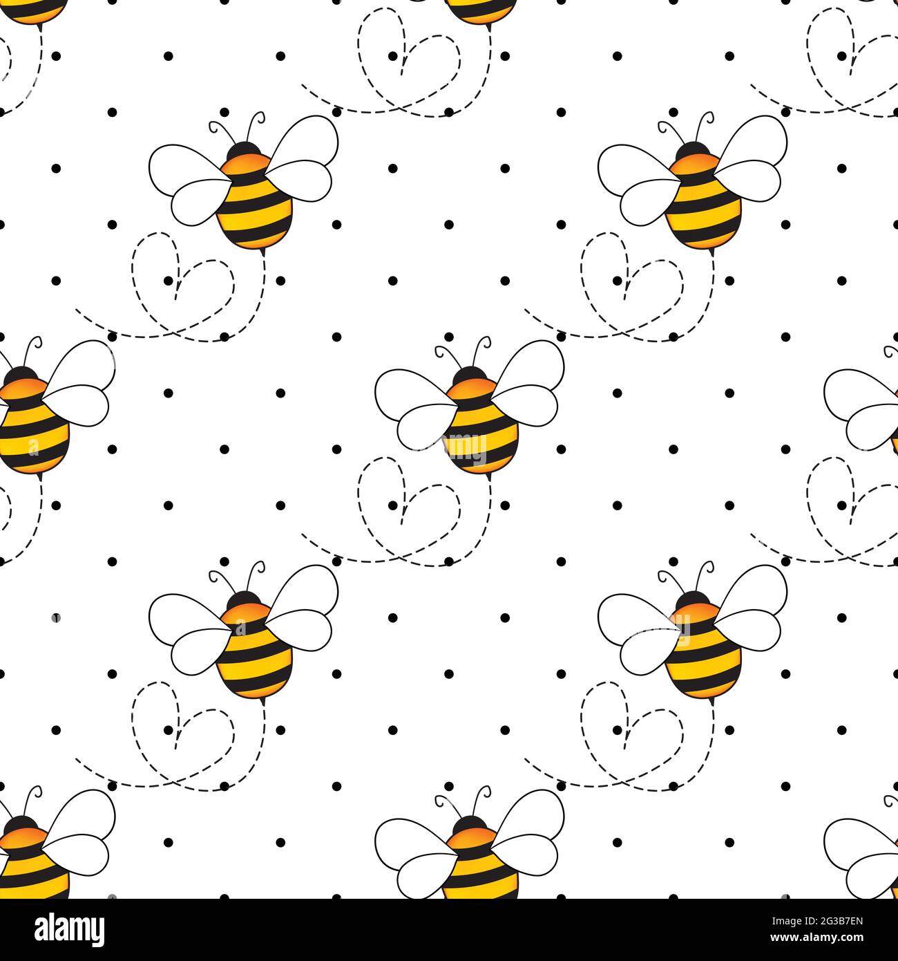 Seamless pattern with bees on white polka dots background. Small wasp ...