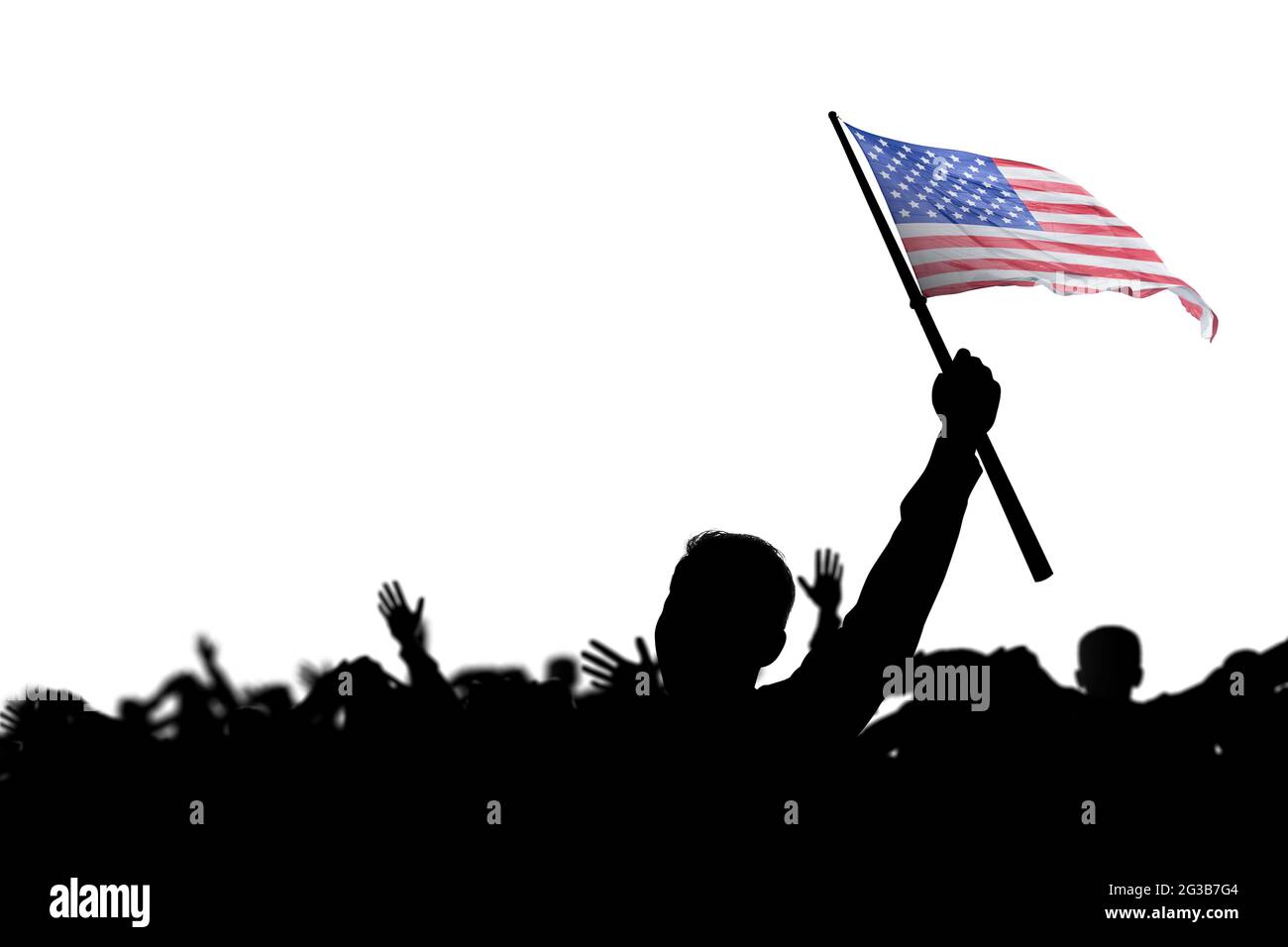 Silhouette of crowd people holding American flag isolated over white ...
