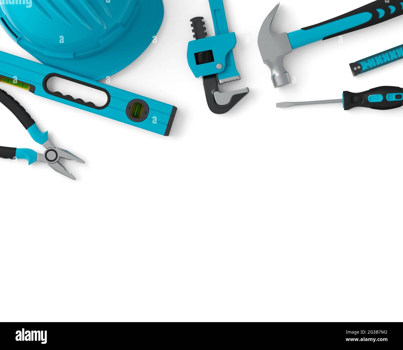Top view of green construction tools for repair and installation on ...