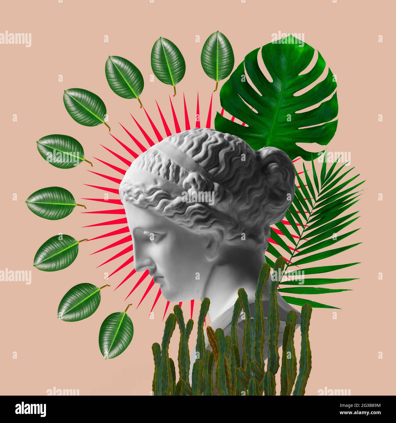 Contemporary art collage with antique statue head in a surreal style ...