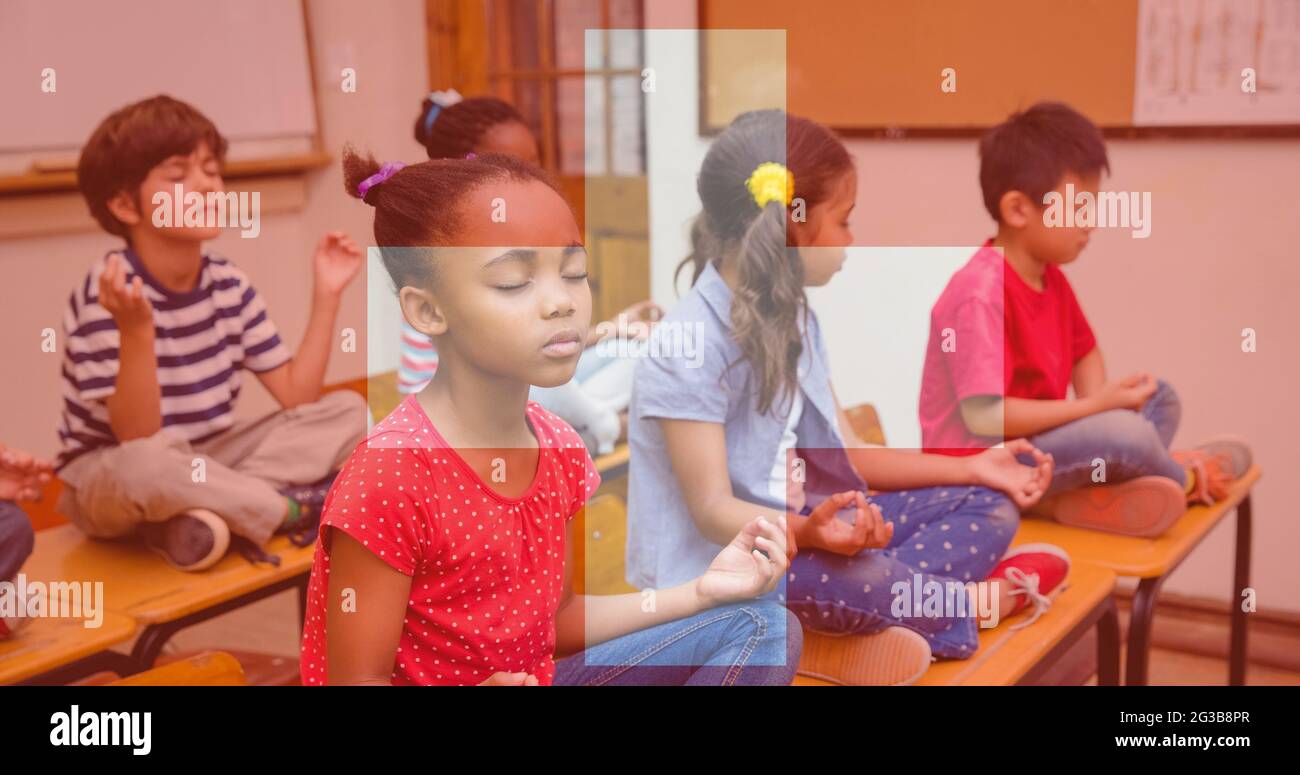 Composition of flag of switzerland over happy schoolchildren meditating ...