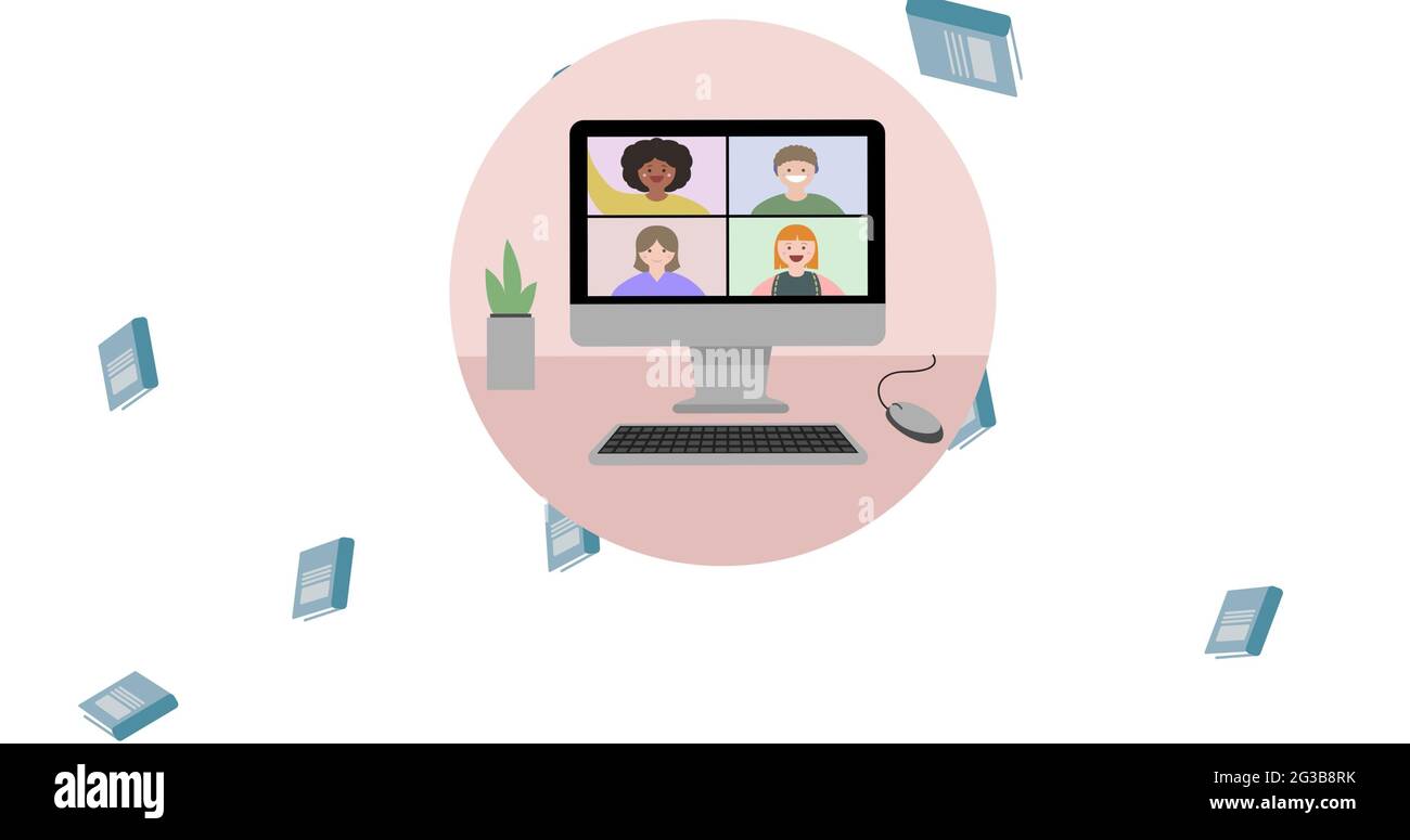 Composition of floating notebooks and video call on computer screen in ...