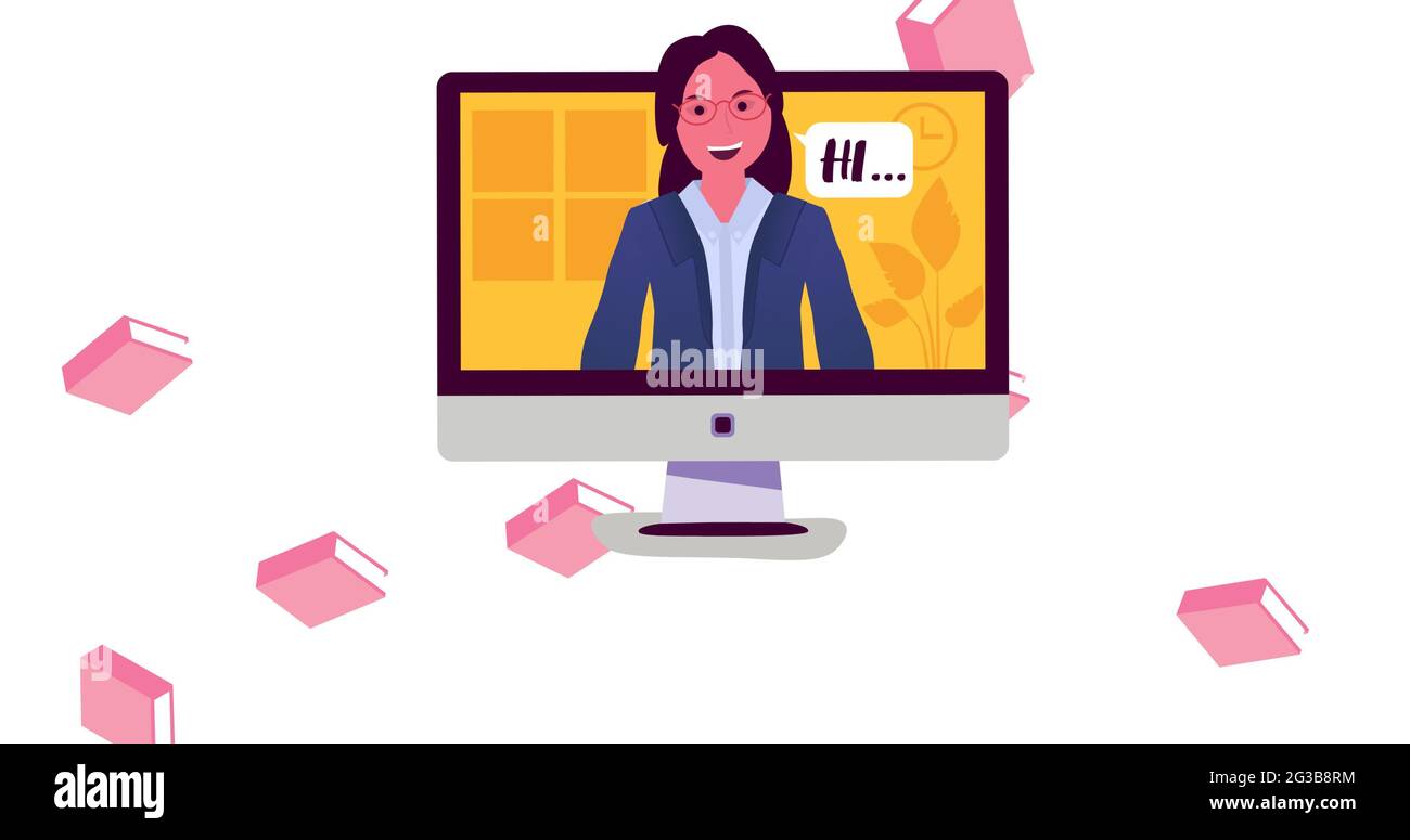 Composition of floating pink books and computer screen with woman ...