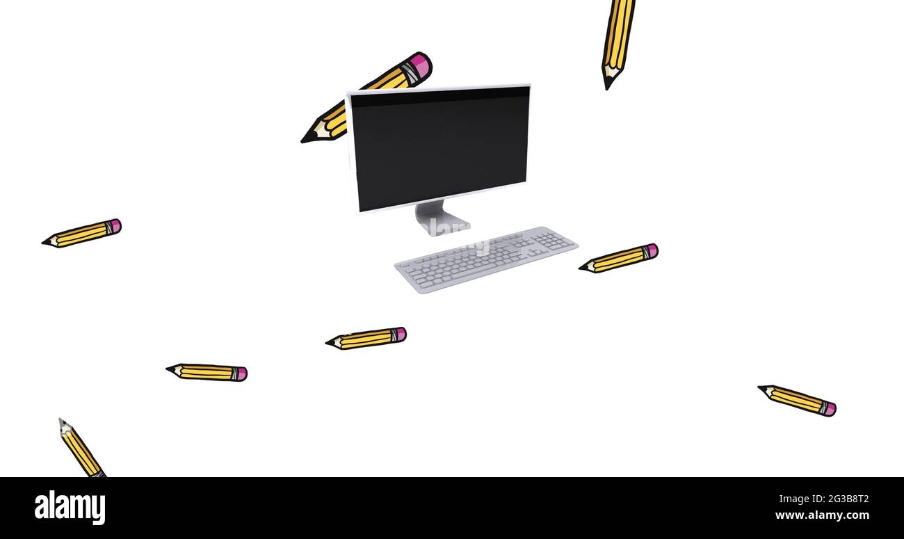 Composition of floating yellow pencils and desktop computer on white ...