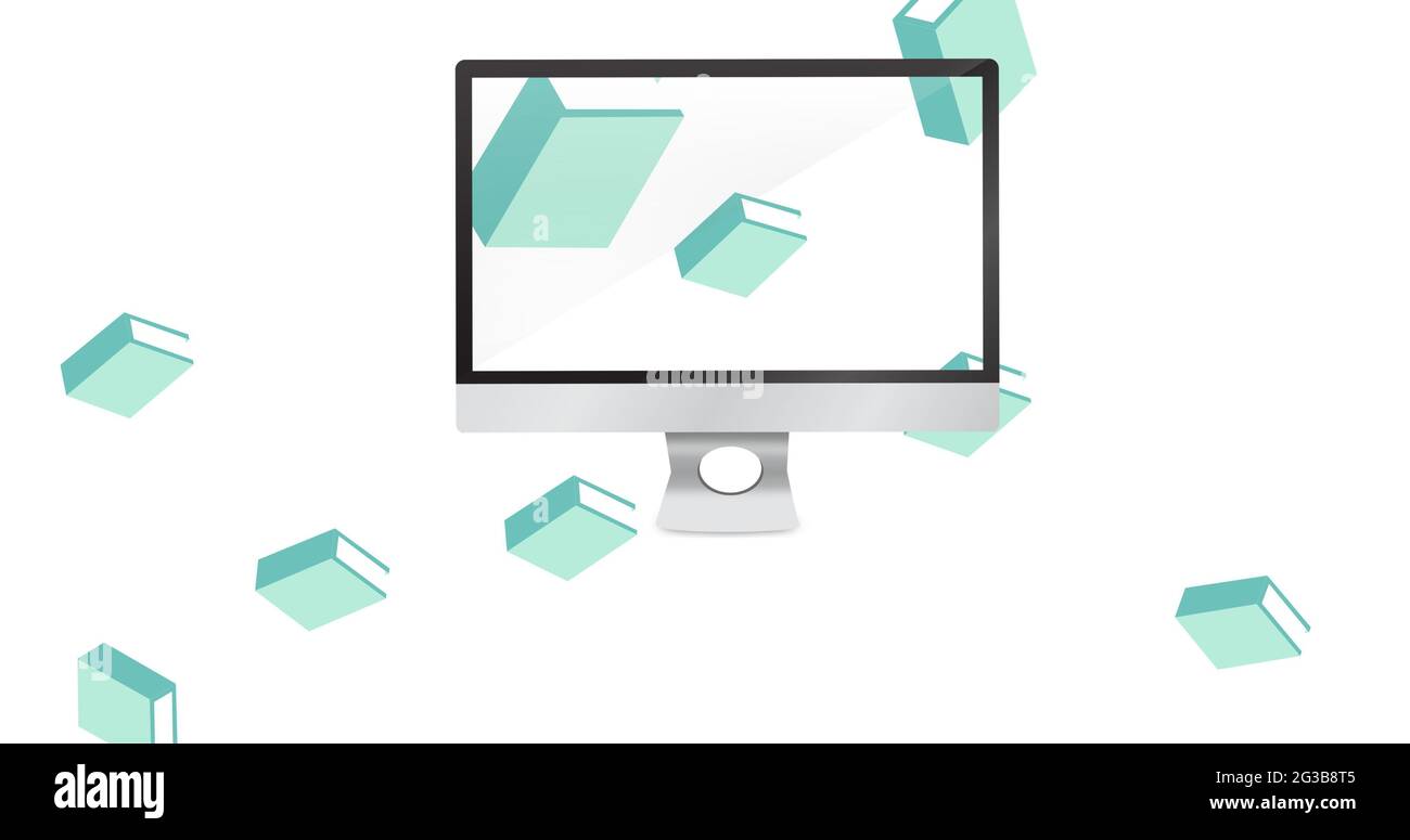 Composition of floating blue books and computer screen, on white Stock ...