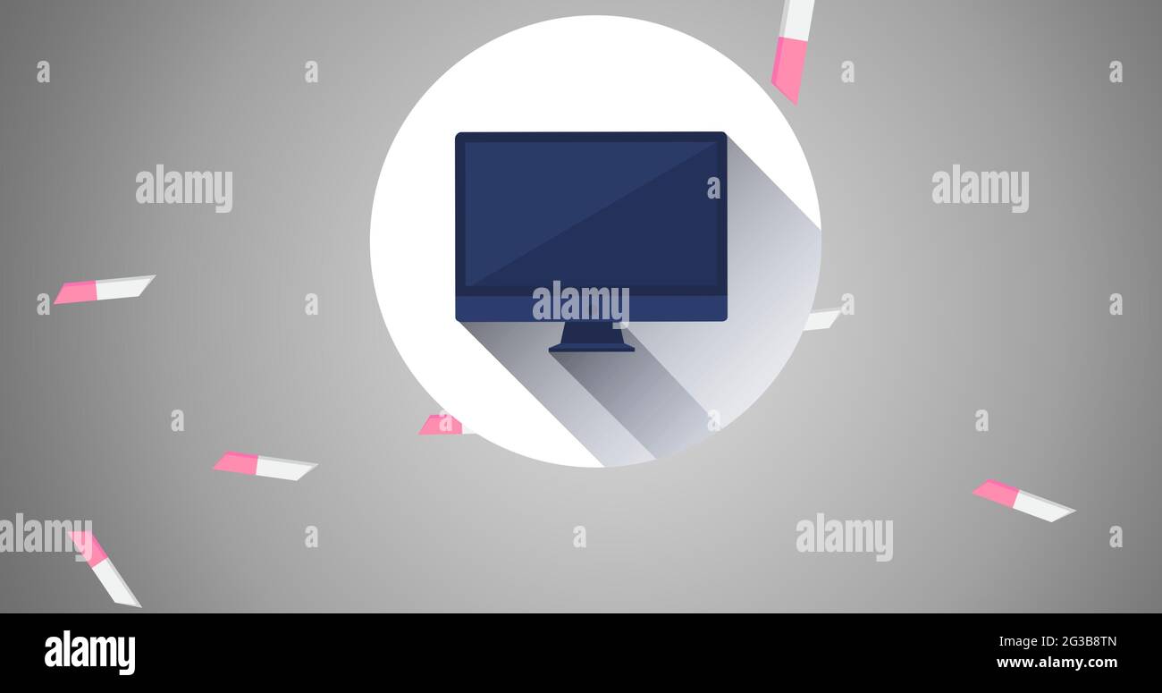 Composition of floating pink and white erasers and black computer ...